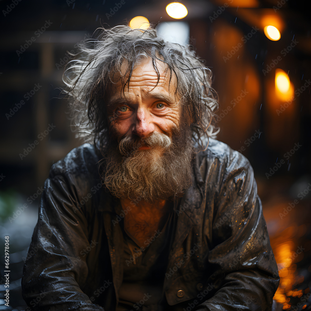 Portrait of a sad looking homeless man who has lost everything; A ...
