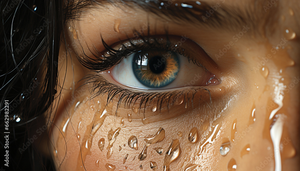 Caucasian woman wet eye looking at camera, reflecting nature freshness ...