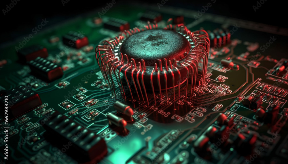 Small computer chip on circuit board shows complexity of technology ...