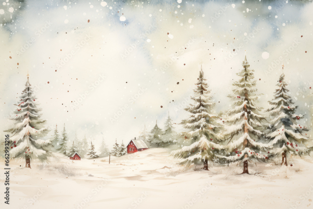 watercolour illustration of a colorful snowy christmas forest snow ...