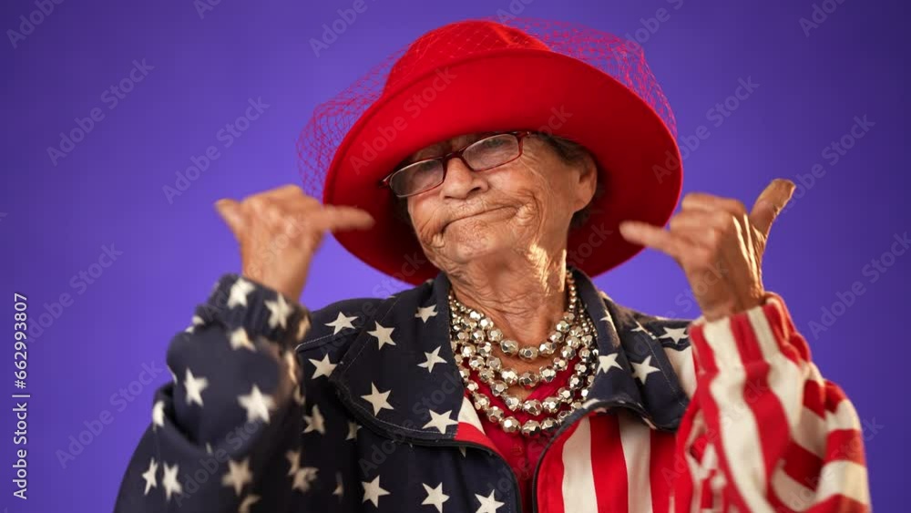 Closeup portrait of shaka hand gesture given by funny crazy grandmother ...
