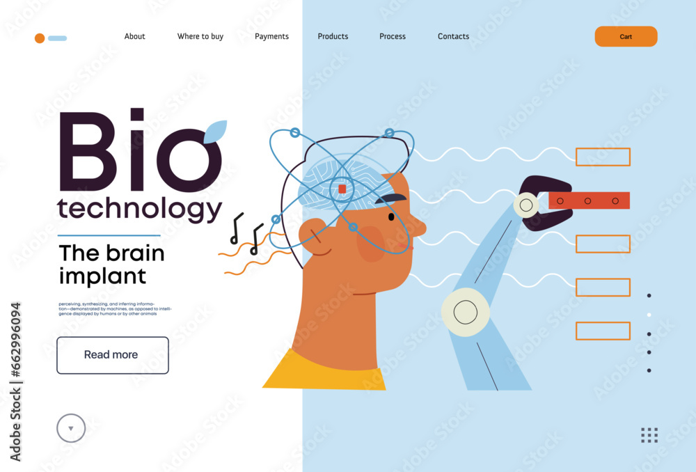Bio Technology, Brain implant, Neural upgrade -modern flat vector concept illustration of brain ...