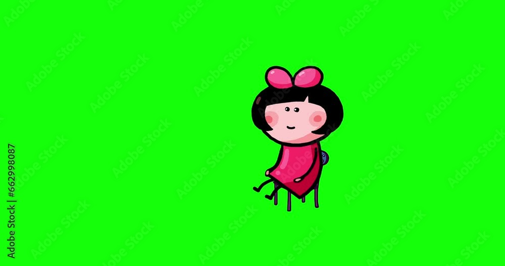 Cartoon pink kid character moves Kasia isolated sit down on the chair ...