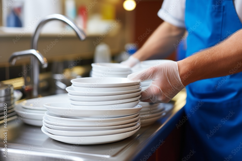 Washing White Dishes. Hands Holding and Cleaning White Plates in Modern ...