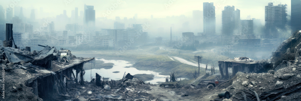 Destroyed city, panoramic view of destructions and buildings ruins ...
