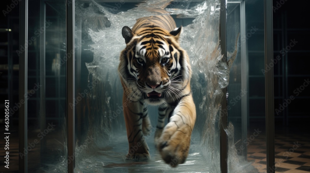 A tiger walking inside of a glass box. Generative AI. Stock Photo ...