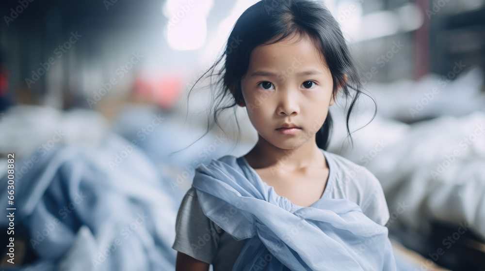 Small Asian girl in factory with blurred background, depicting illegal ...