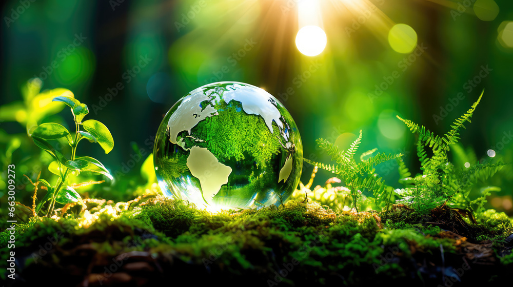 Earth day concept. Crystalline earth on the soil in the forest with ...