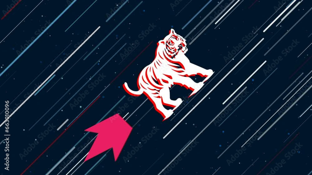 Tiger symbol flies through the universe on a jet propulsion. The symbol ...