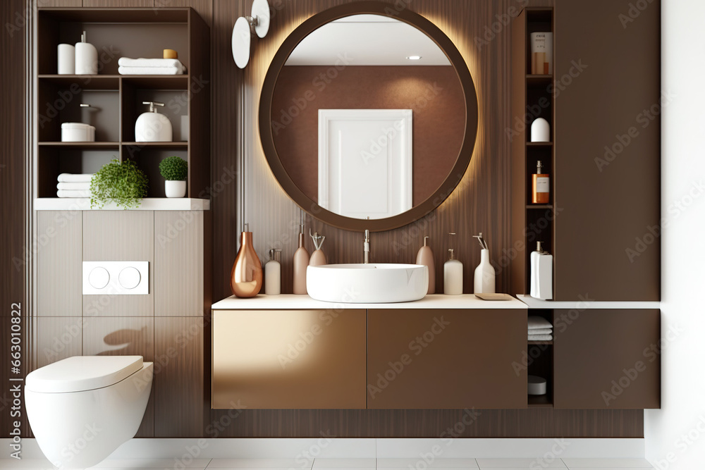 Bathroom with brown and white with sink and front-facing mirror. Modern ...