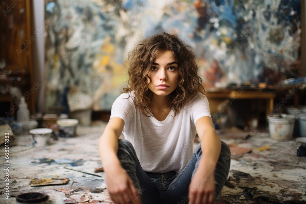 An artist with a vacant stare in her eyes, sitting crosslegged on the ...