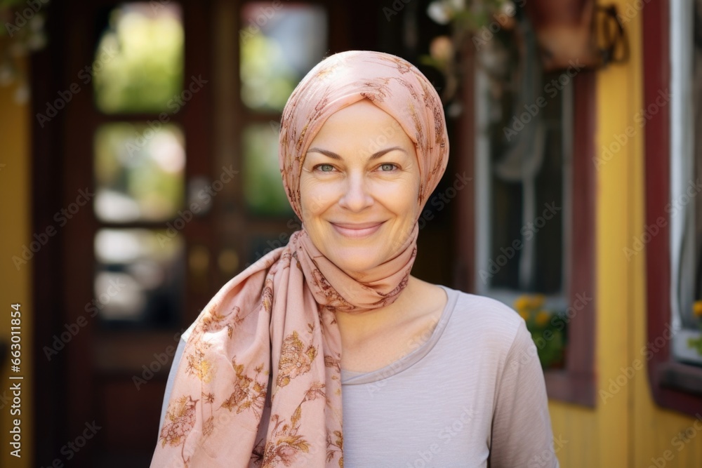A middleaged woman with a headscarf, hiding her partially bald head ...