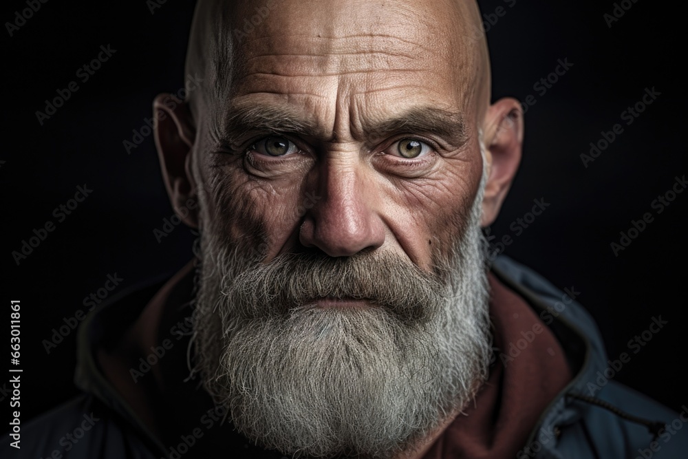 An older man with a full beard and no hair on his head due to alopecia ...