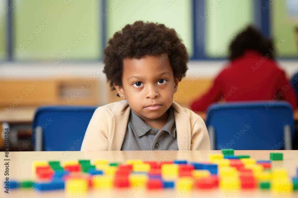 A young boy with color blindness sits in a classroom, struggling to ...