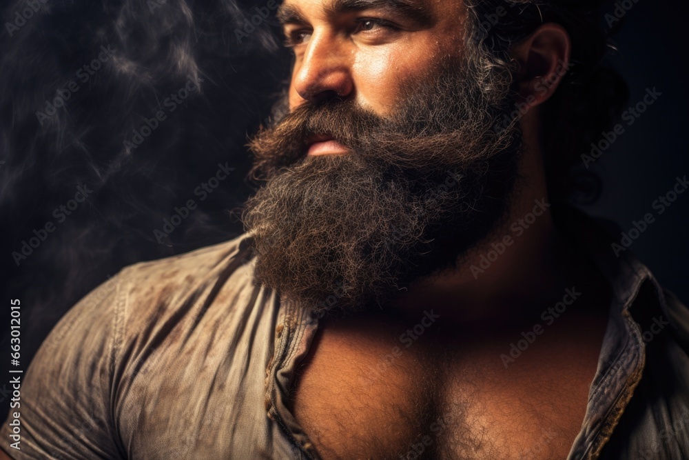 An artist with excessive body hair, his beard and chest hair giving him ...