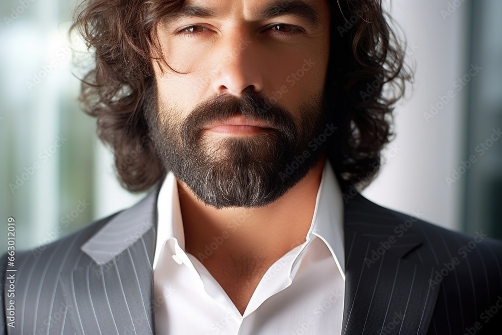 A businessman with excessive body hair, his untrimmed beard and chest ...