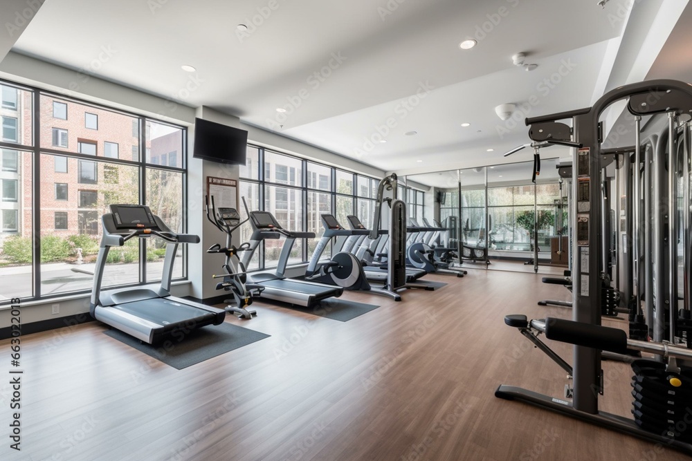 Modern gym with spacious layout, exercise equipment, and abundant ...