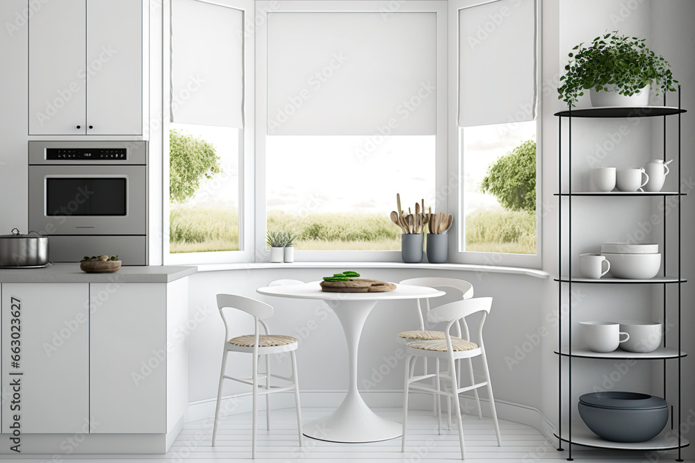 Corner of white kitchen with round table, vertical poster, and aisle ...