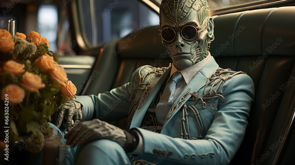 Alien mafia boss with sunglasses wearing a suit in the back seat of a ...