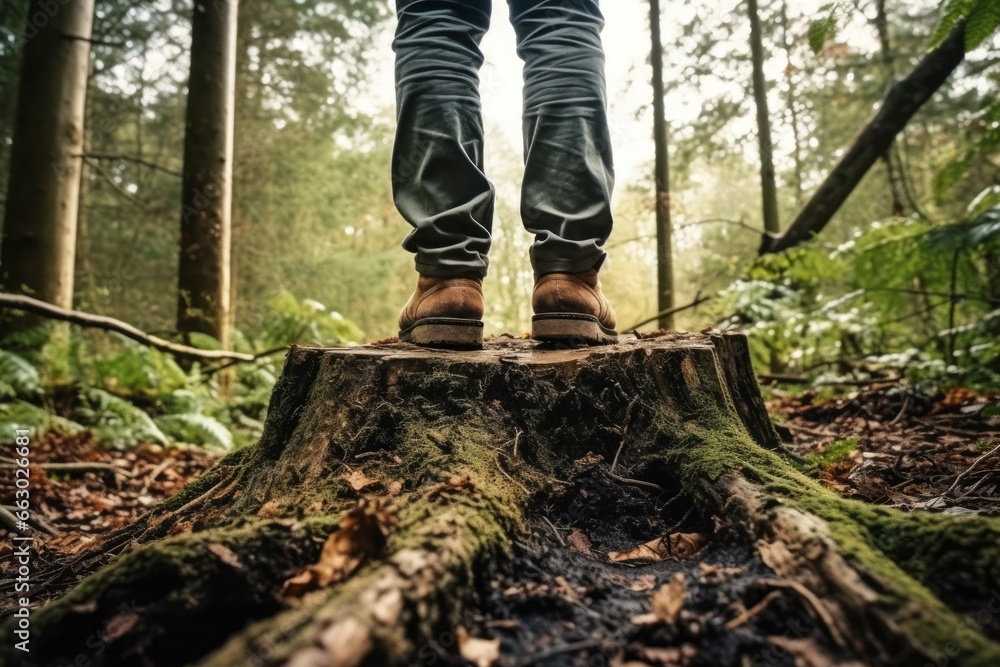 Adventurer's Feet on Fallen Tree in Woods Stock Illustration | Adobe Stock