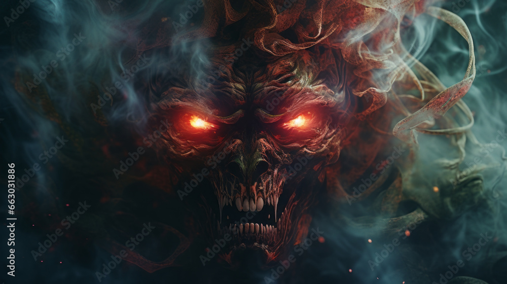 Flaming demon. Devil in the flames of fire. Fiery monster. Scary ...