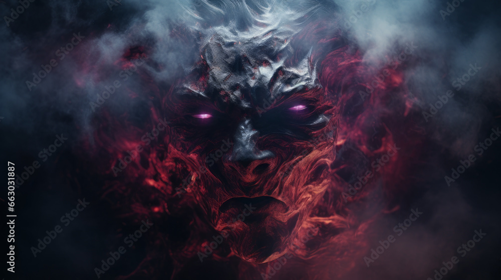 Flaming demon. Devil in the flames of fire. Fiery monster. Scary ...