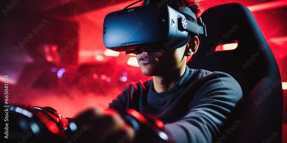 Futuristic simulator seat cockpit, man playing smart video games with ...