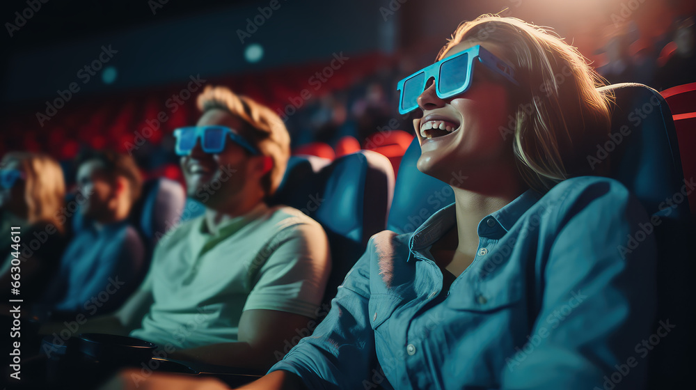 Laughing friends sitting in cinema park watch interesting comedy movie ...