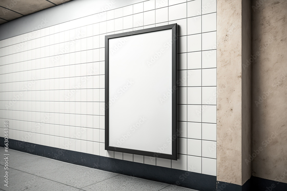 Mockup of a blank information sign in a frame on a white tiled wall ...