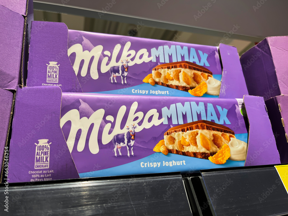 Milka MMMAX Crispy Yogurt Chocolate Bars on Store Shelf Stock Photo ...