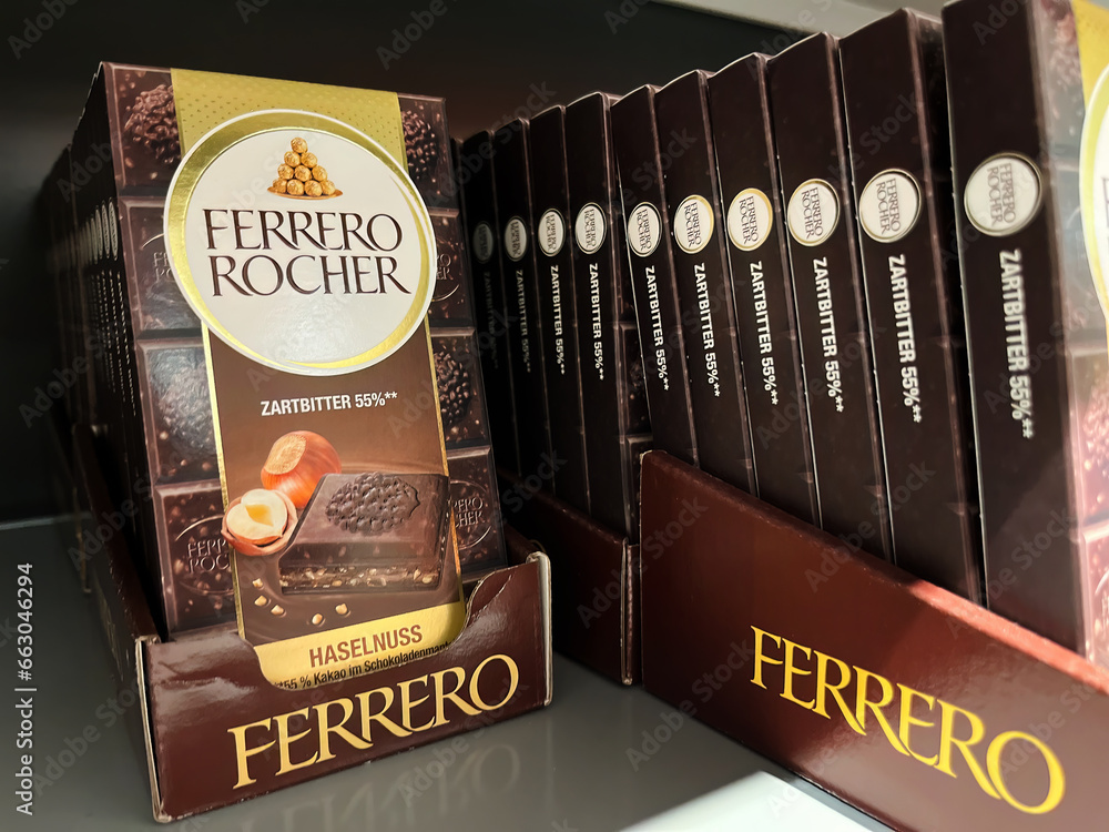 Ferrero Rocher Dark Chocolate Hazelnut Bars on German Supermarket Shelf ...