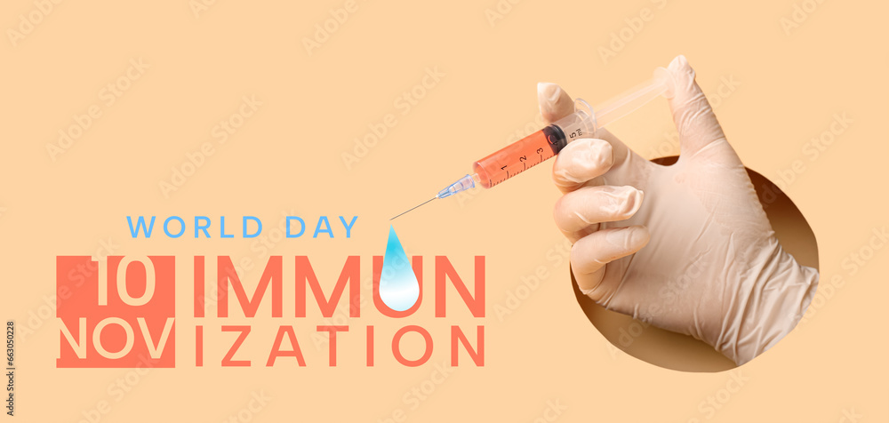 Banner for World Immunization Day with doctor's hand and syringe Stock ...