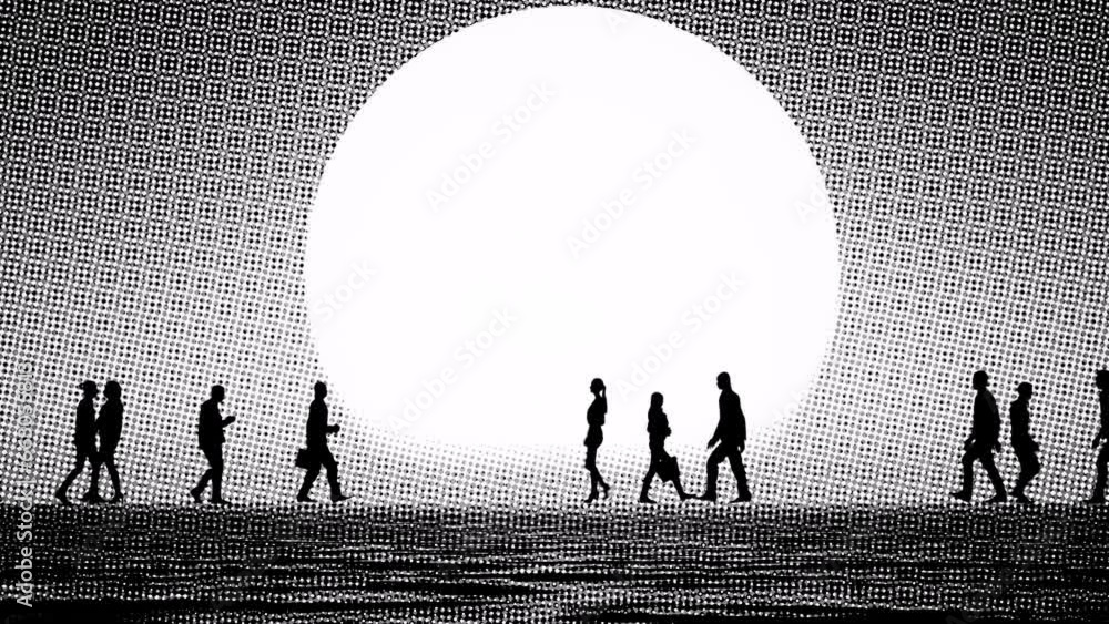 halftone style animation with people silhouettes walking in both ...