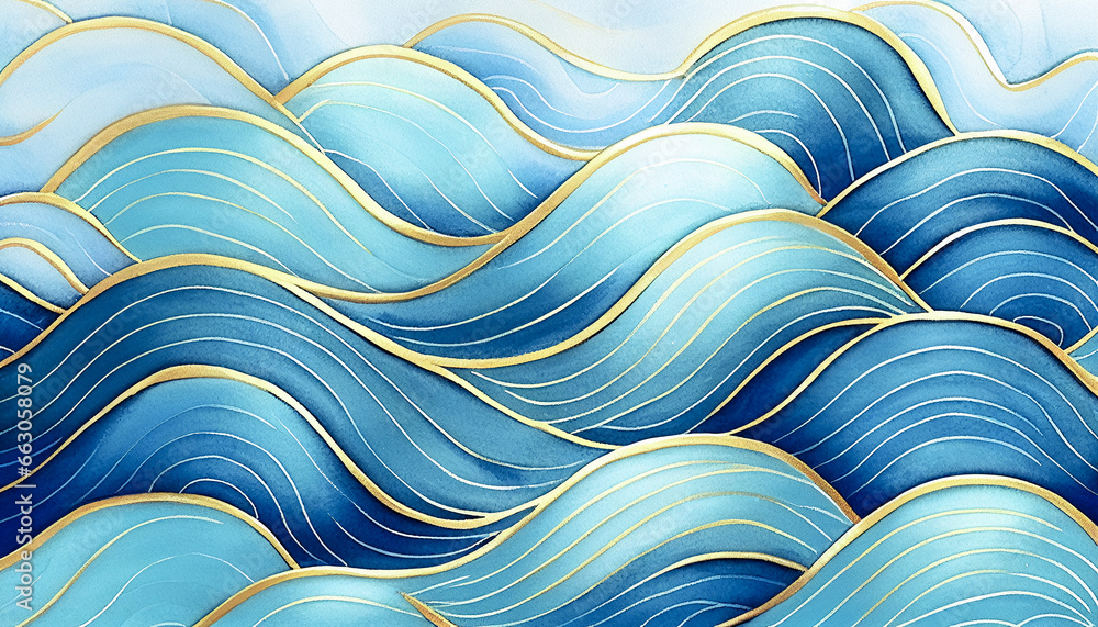 Magical fairytale ocean waves cartoon. Unique blue and gold wavy swirls ...