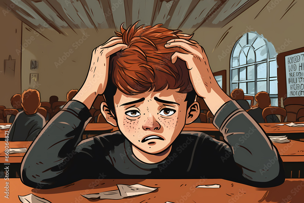 A sad teenager crying at his desk in a classroom. A stressed-out ...