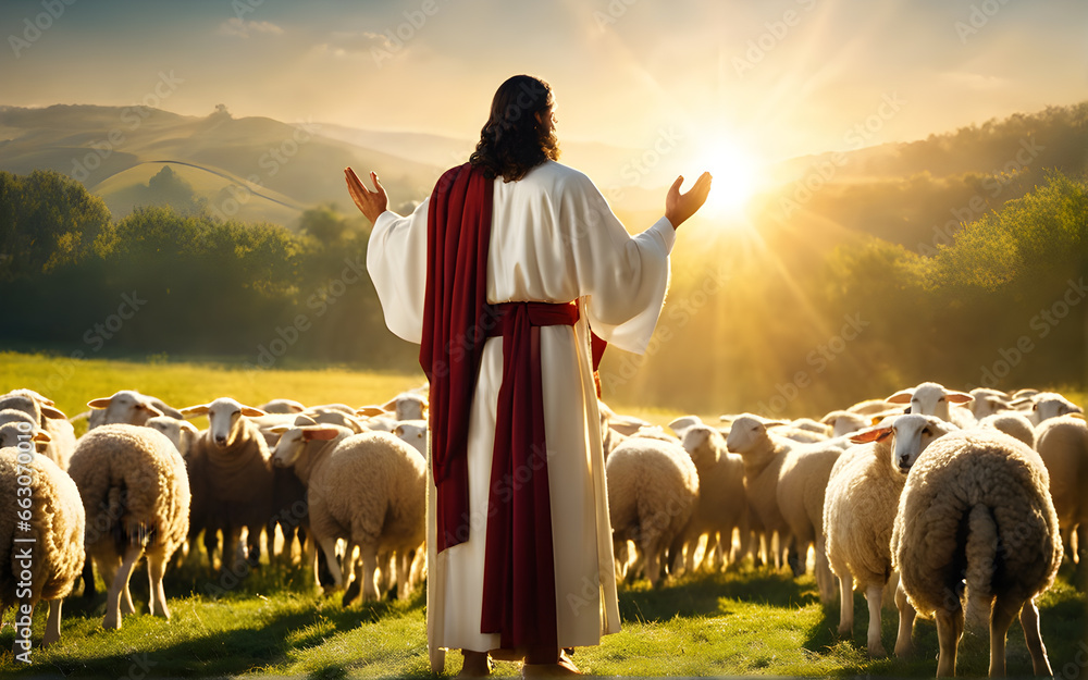 Shepherd Jesus Christ leading the sheep and praying to God and in the ...