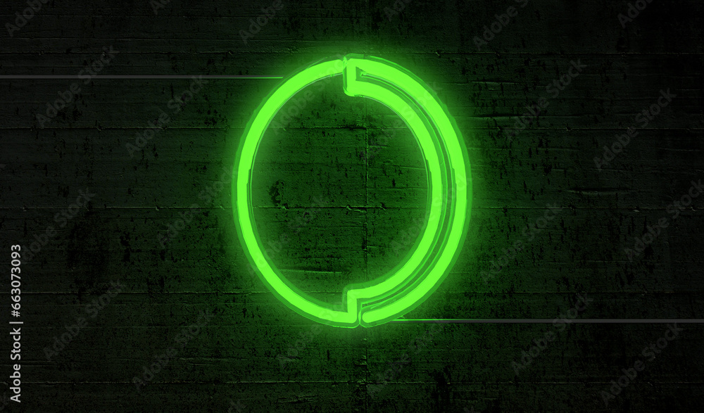 Bright neon letter 'O' on a background of black bricks, projecting an ...