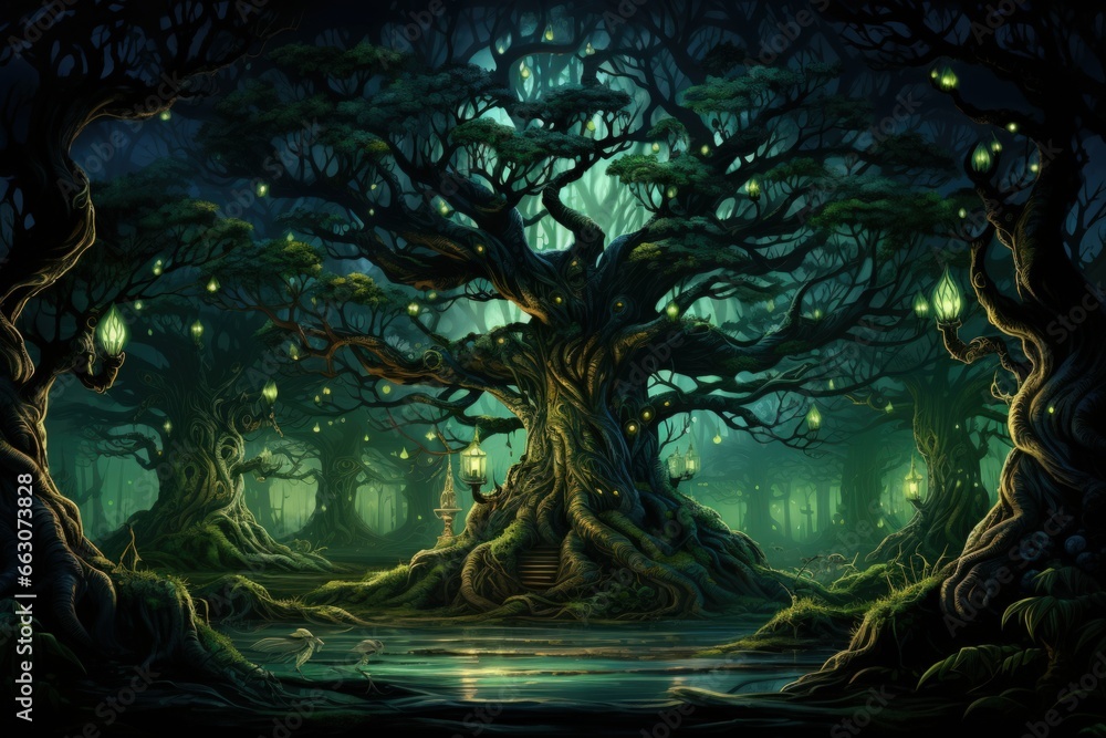 Lively talking trees providing shelter and wisdom - Generative AI Stock ...