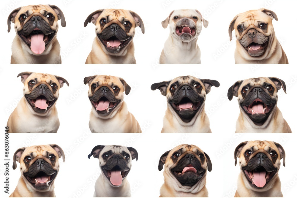 Collage set of dogs portraits with different emotions. White background ...