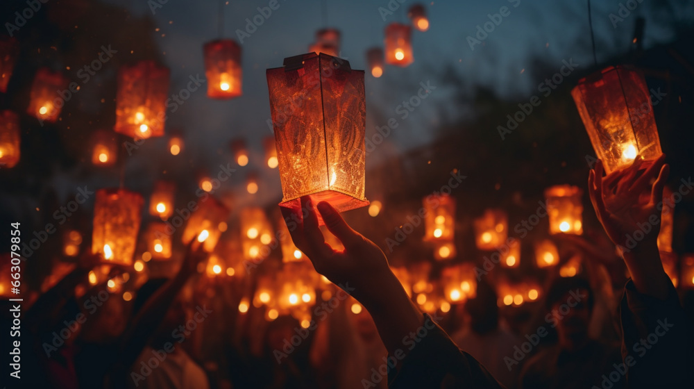 burning fire in the fireplace, Glowing lanterns rising during a ...