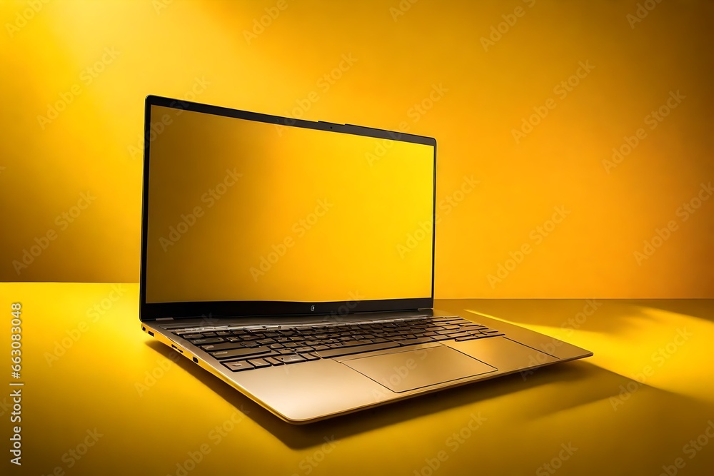 A sleek laptop with a backlit keyboard on a vibrant yellow background ...