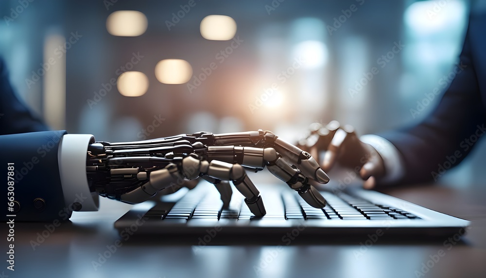 3d Robot AI hand typing and working with computer keyboard business ...