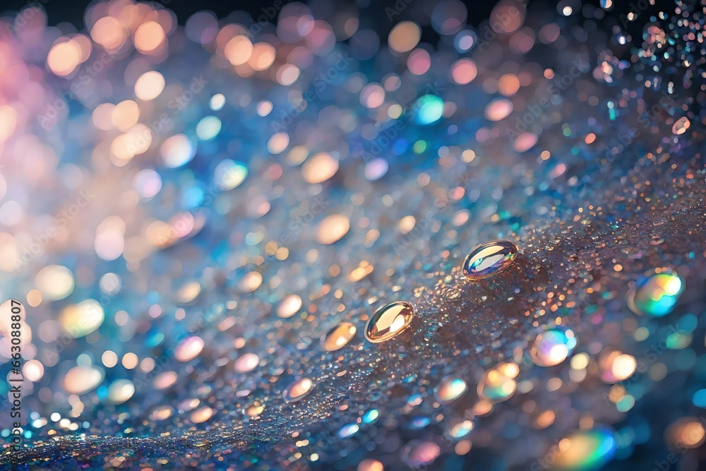 Detailed close-up of holographic glitter floating in a clear viscous ...