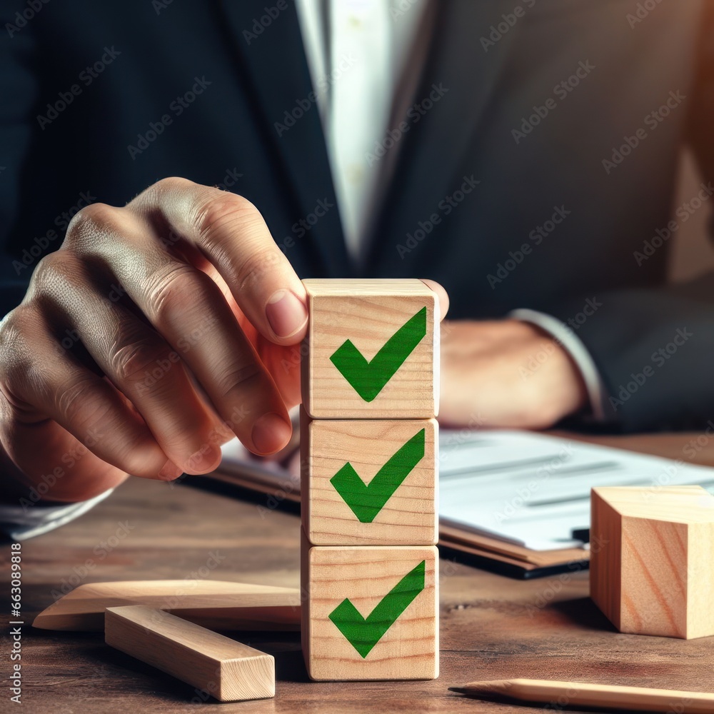 Wooden blocks checklist and green check mark icon with hand on table ...