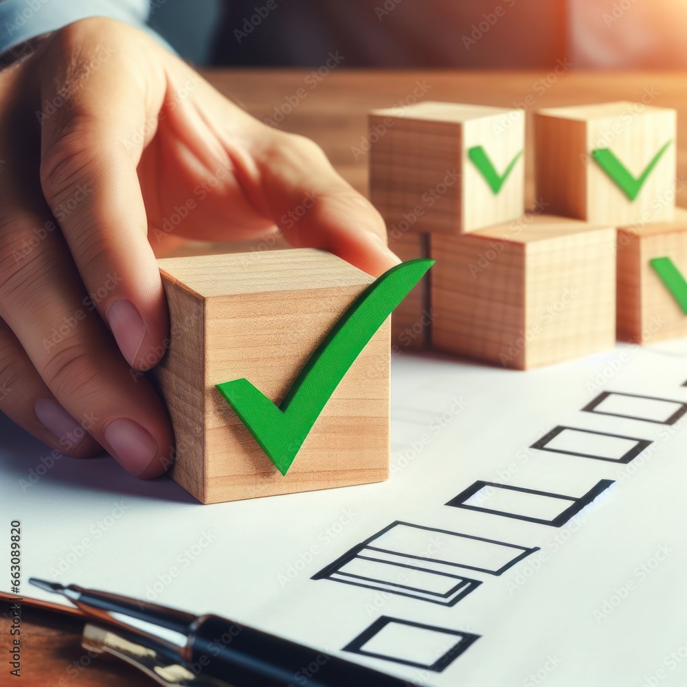 Wooden blocks checklist and green check mark icon with hand on table ...
