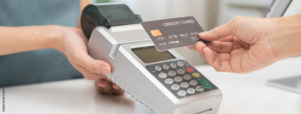 Pay, cashless technology concept, customer using credit card to buy at ...