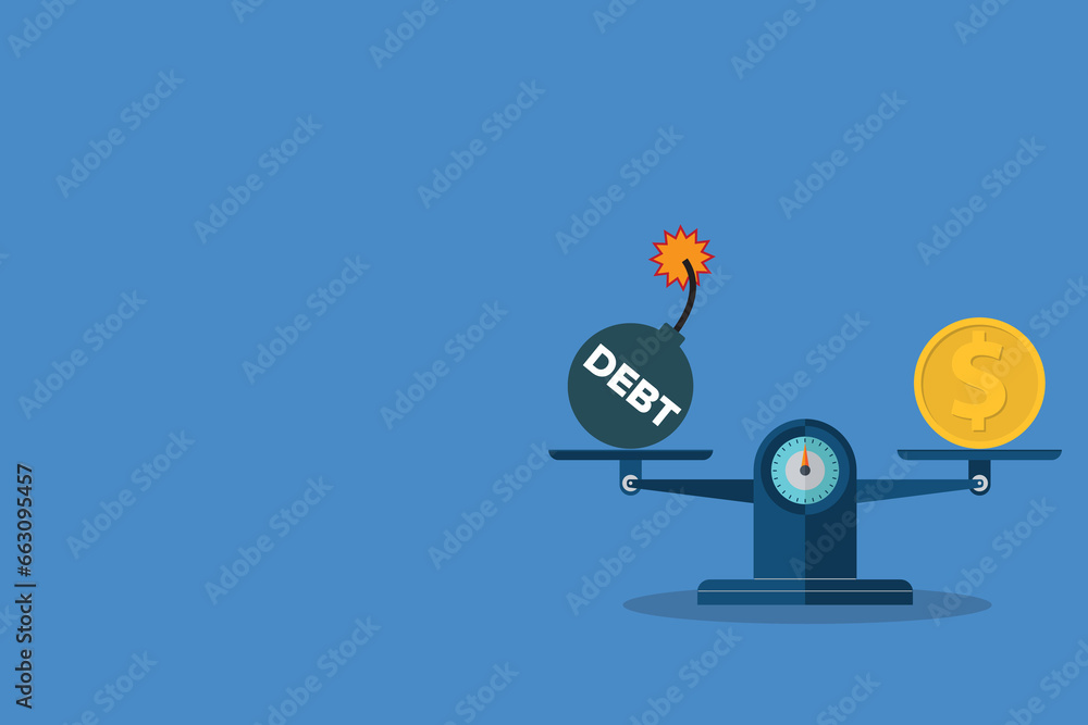 Debt and income on scales. Weighing, balance, debt statistics . Stock ...