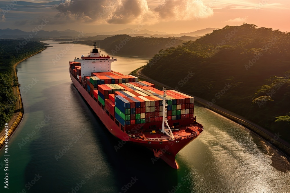 Container Cargo freight ship with working crane bridge for Logistic ...