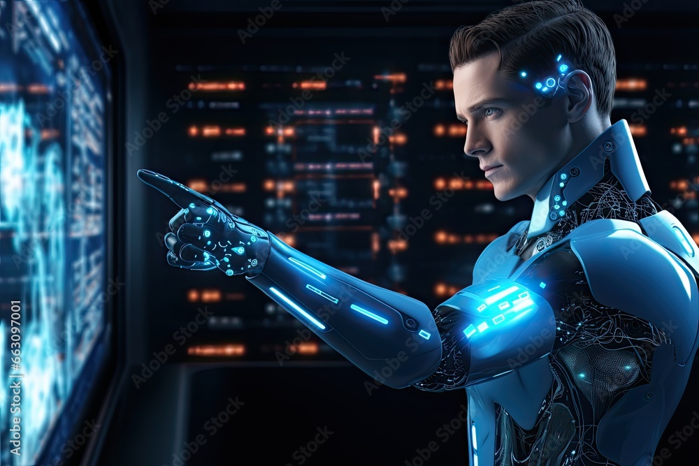 3D rendering of a male cyborg pointing to a hologram screen, Cyber digital world android robot ...