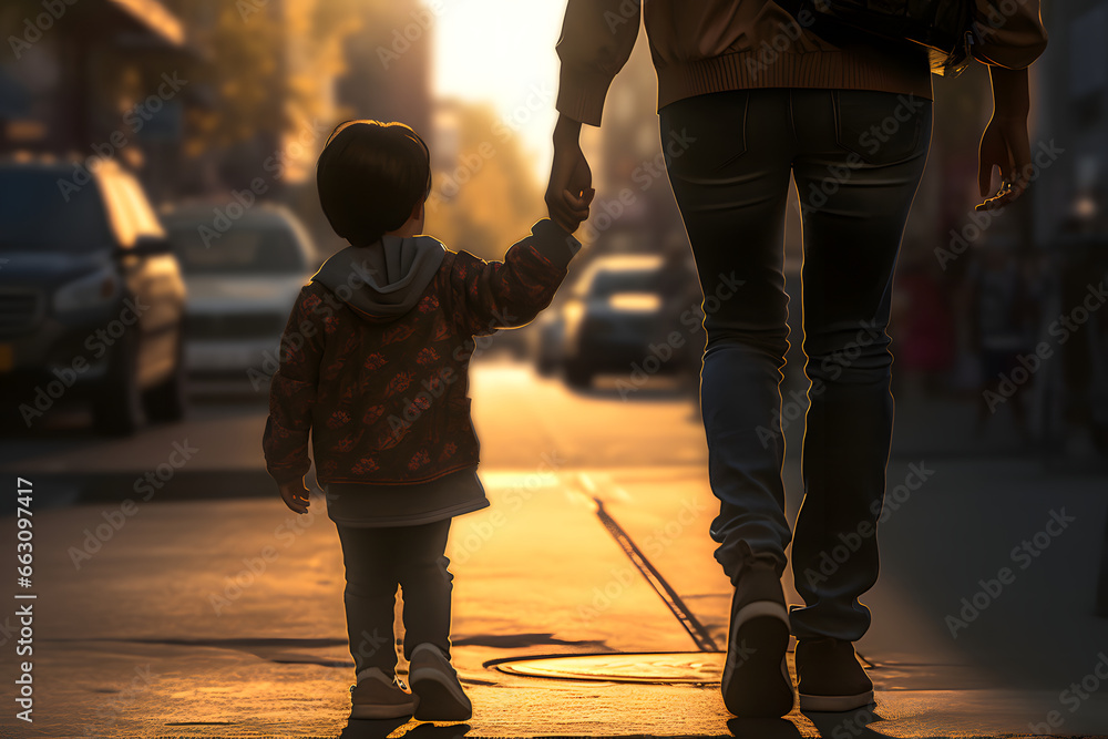 Sunset Silhouettes: Loving Parent and Young Child Walking Together Hand ...